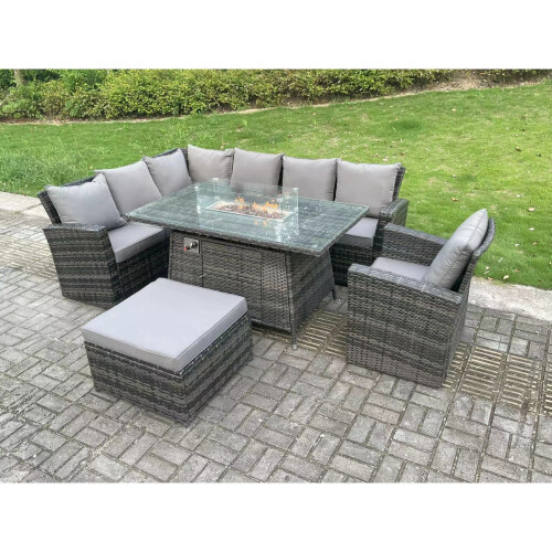 Fimous 8 Seater Outdoor Rattan Gas Fire Pit Sofa Dining Set Garden ...