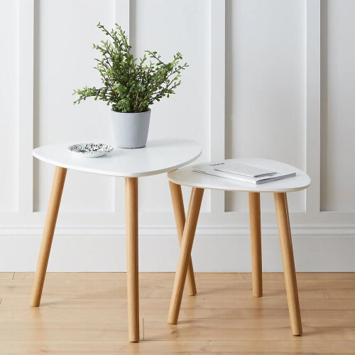 Set of 2 Pcs White Modern Coffee Table End Tables Nest Wooden Tabletop ...
