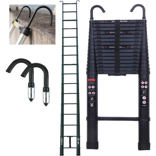 6.2M Telescopic Ladder Come wiht Roof Hook Kit Aluminium Black Portable ...