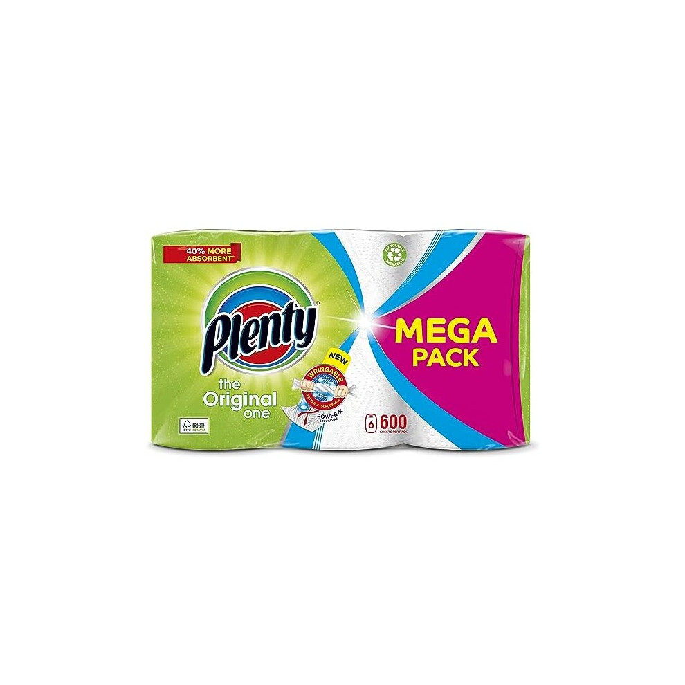PLENTY Kitchen Towel, 6 White Rolls, 600 Sheets of Kitchen Roll, 2-Ply ...