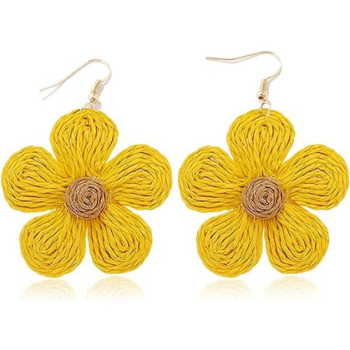 Rattan Flower Drop Earrings Boho Statement Colorful Handmade Raffia Straw Wrapped Dangle ...