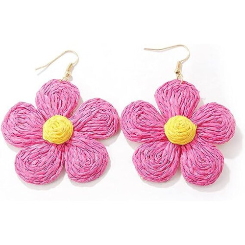 Rattan Flower Drop Earrings Boho Statement Colorful Handmade Raffia Straw Wrapped Dangle ...