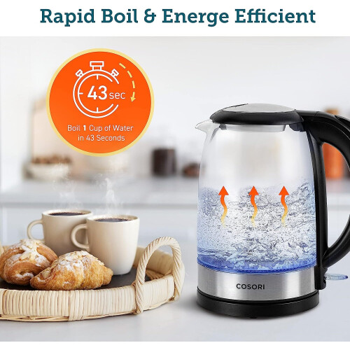 COSORI Electric Kettle Glass, Fast Boil Quiet, 3000W 1.5L with Blue LED ...