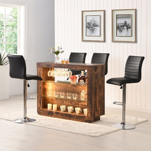 Fiesta Rustic Oak Bar Table Unit With 4 Ripple Black Stools on OnBuy