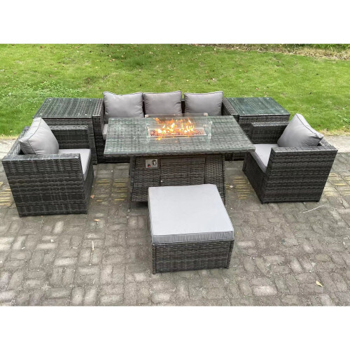 Fimous 6 Seater Outdoor PE Rattan Garden Furniture Set Gas Fire Pit ...