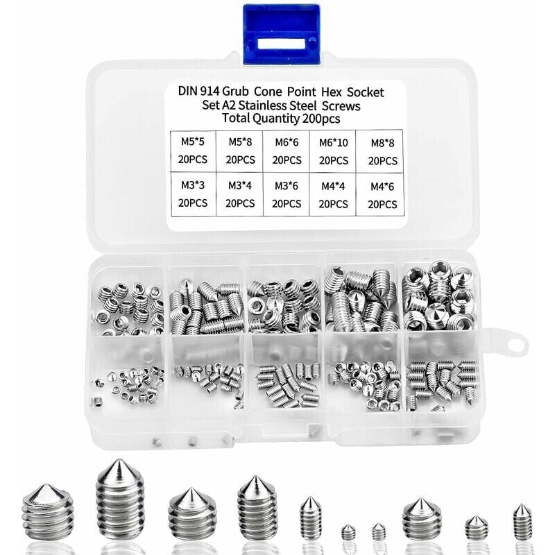 200pcs Set Screws M3 M4 M5 M6 M8 Hex Socket Head Set Screws 304 Stainless Steel Taper Head Set ...