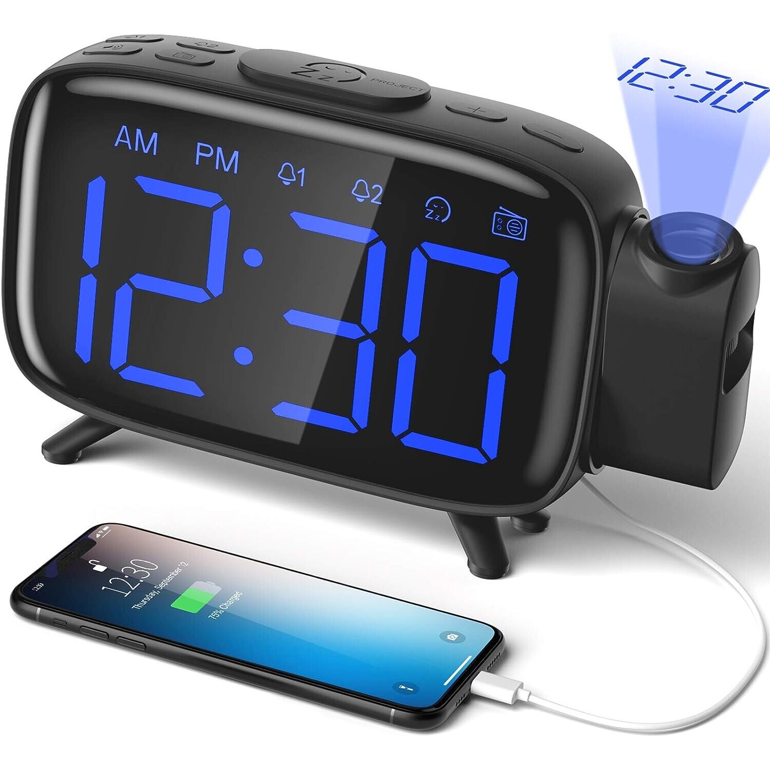Projection clock radio Digital alarm clock with 3 brightness levels and ...