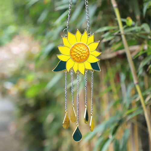 Sunflower Wind Chime Decorations,Stained Glass Drip Pendant Metal Wind ...