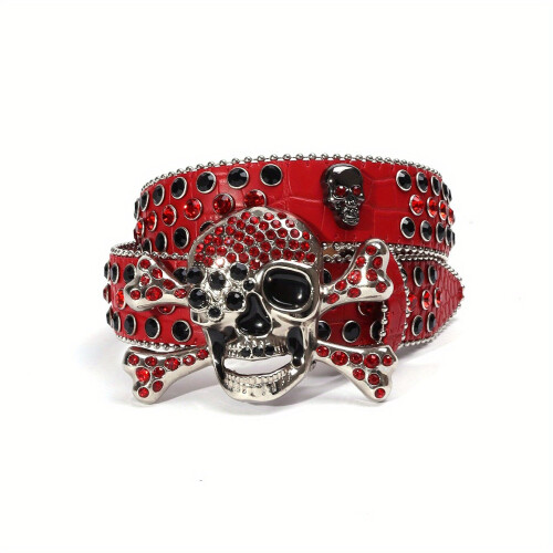 Red Hip Hop Skull Rivet Belt Sparkling Rhinestone PU Leather Belt Punk ...