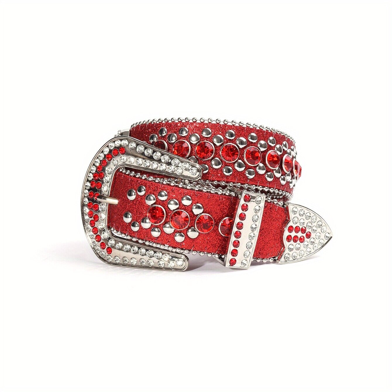 Red Rhinestone Hip Hop Belt Skull Rivet Decor Glitter Sparkling PU ...