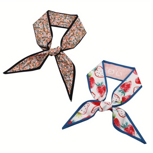 2pcs Floral & Strawberry Skinny Scarf Long Ribbon Neckerchief Twilly ...