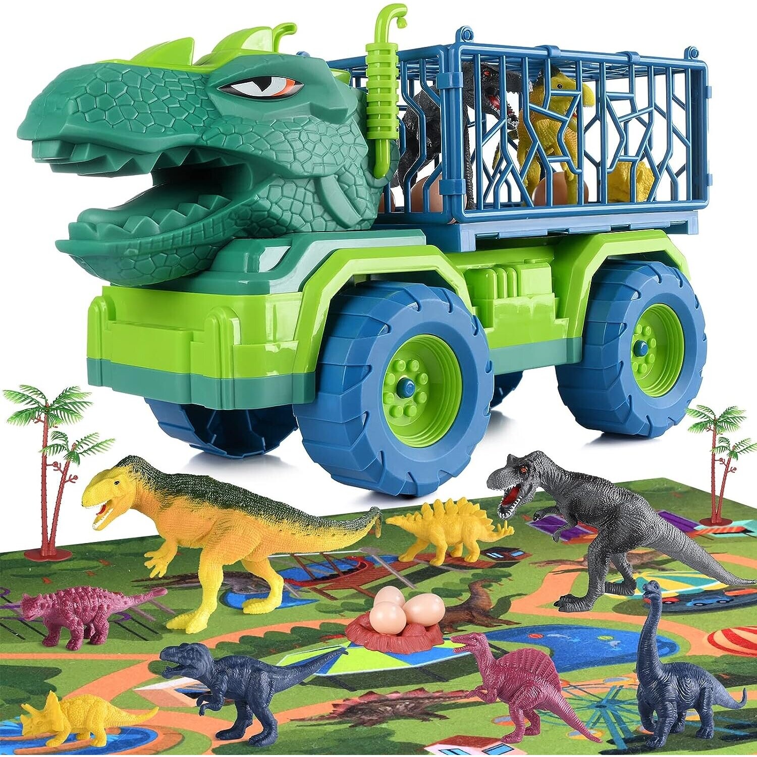 Dinosaur Truck Playset,Large Tyrannosaurus Vehicle 8 Jurassic Dinosaurs ...