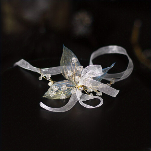 Mesh Ribbon Head Piece With Faux Pearl And Crystal Beads Bridal Flower ...