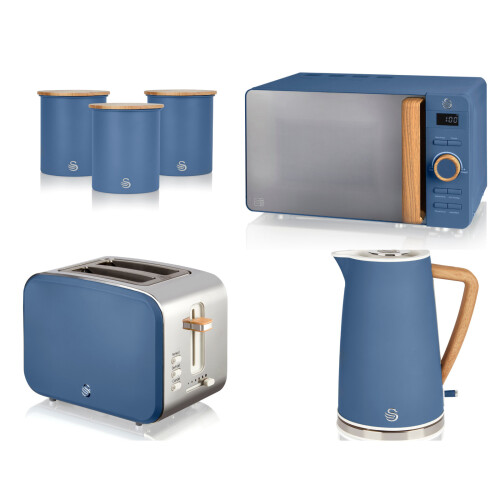 Swan Nordic Blue Kettle 2 Slice Toaster Microwave And 3 Canisters Set