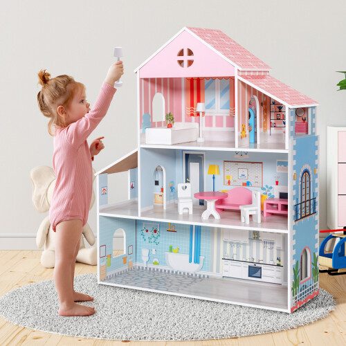 3-Storey Doll House for Kids Playset with 6 Rooms Wooden DIY Play on OnBuy