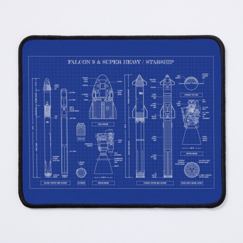 Mouse Pad SPACEX: Falcon 9 Super Heavy / Starship (Blueprint) 11.8 x 9. ...