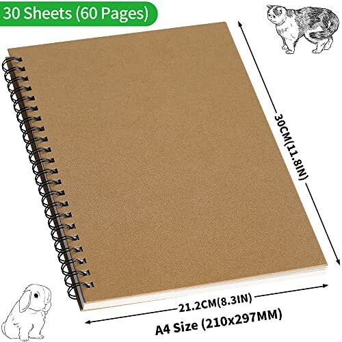 A4 Portrait Sketchbook, Spiral Bound Sketch Pad, 60 Pages/30 Sheets Recycled Hard Cover ...