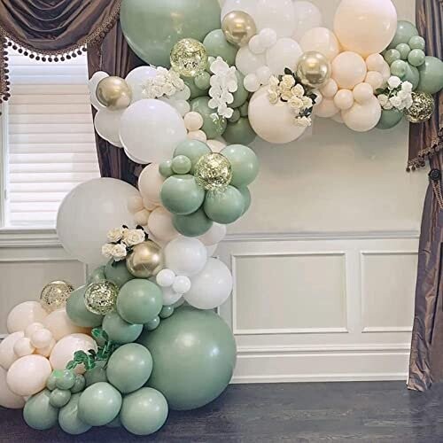Sage Green Balloon Garland Arch Kit, Avocado Green Balloon with White Balloons Gold Metallic ...