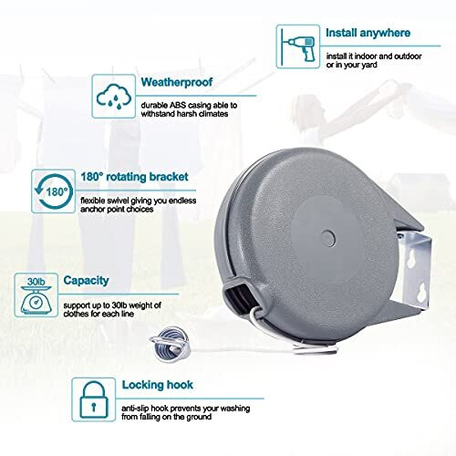 Retractable Washing Line, 15M Clothes Line Heavy Duty Wall Mounted ...