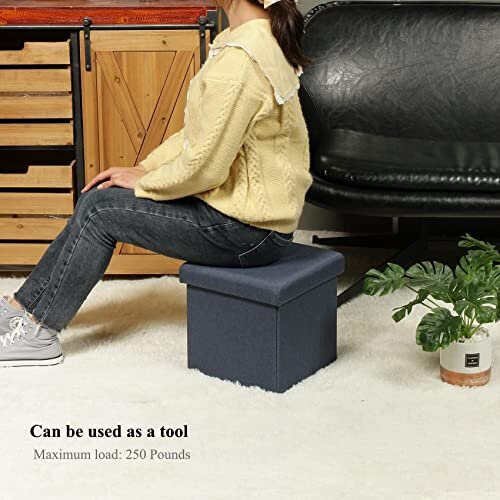 Blue Linen Fabric Folding Small Ottoman Storage Box,Footrest Seat Cube ...