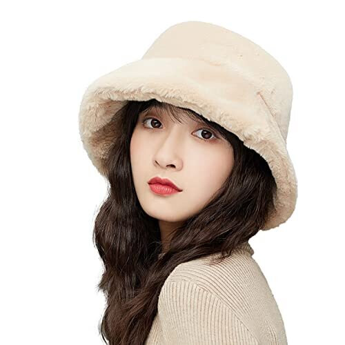 Women Faux Fur Bucket Hat Winter Fluffy Wide Brim Floppy Bush Hat Vintage Cloche Derby Hat for ...