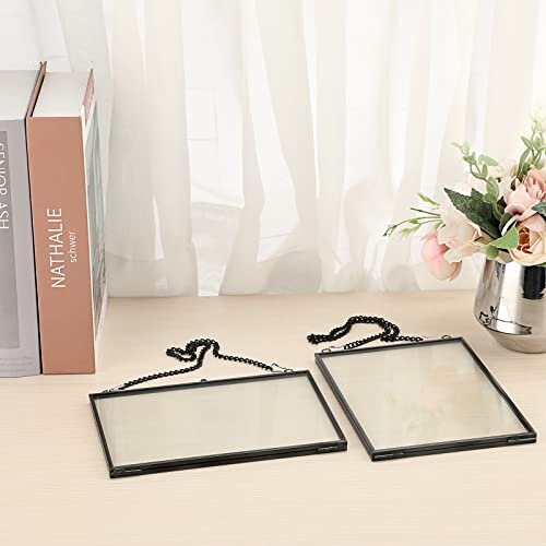 Set of 2 Black Glass Hanging Photo Picture Display Frame, Floating ...