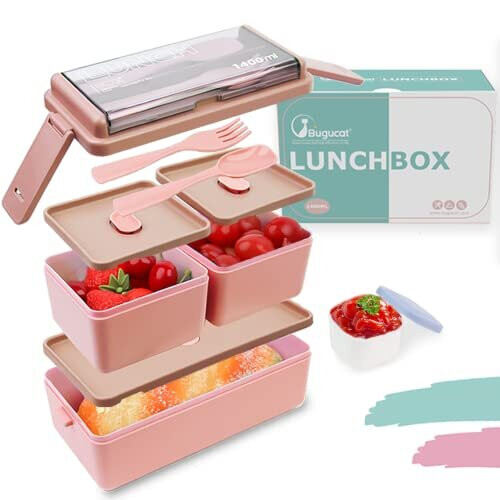 Bento Lunch Box 1400ML Stackable Lunch Box Bento Boxes,2 Layer 3 Compartments Leak Proof ...
