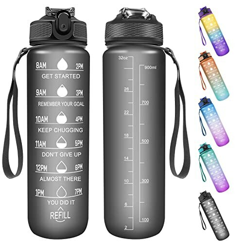 Sports Water Bottle with Motivational Time Marker & Straw, 1L Leakproof Drink Bottles with BPA ...
