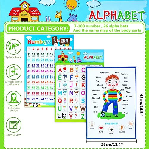 3 Pieces Educational Poster Laminated Wall Learning Chart Number and ...