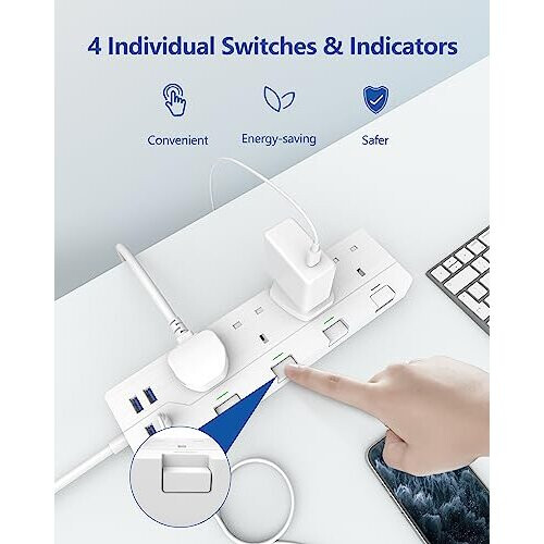 Extension Lead with USB Slots, FDTEK 4 Way Surge Protected Extension ...