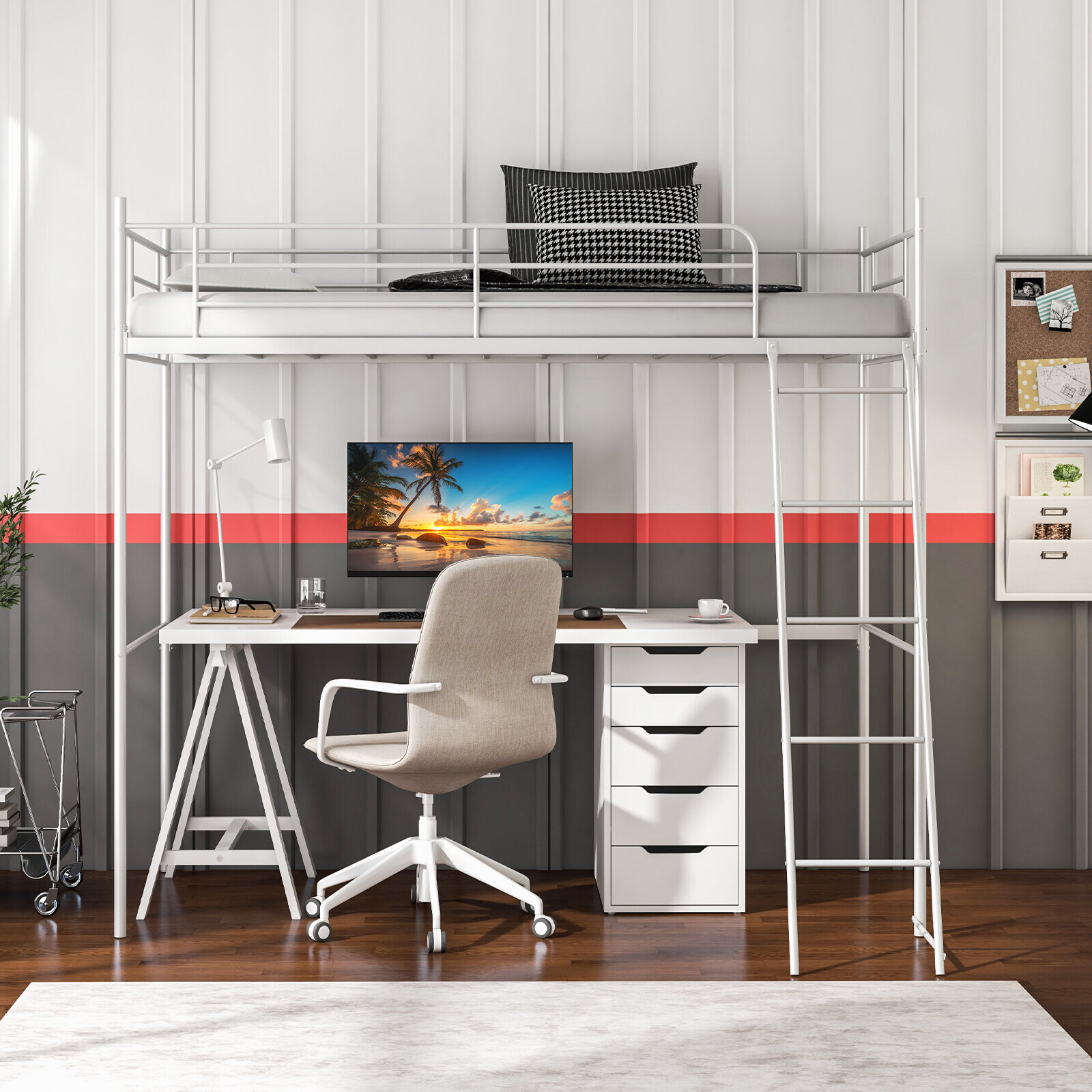 3.5FT Single Metal Loft Bed Frame High Sleeper Bunk Bed Desk Cabin Bed ...