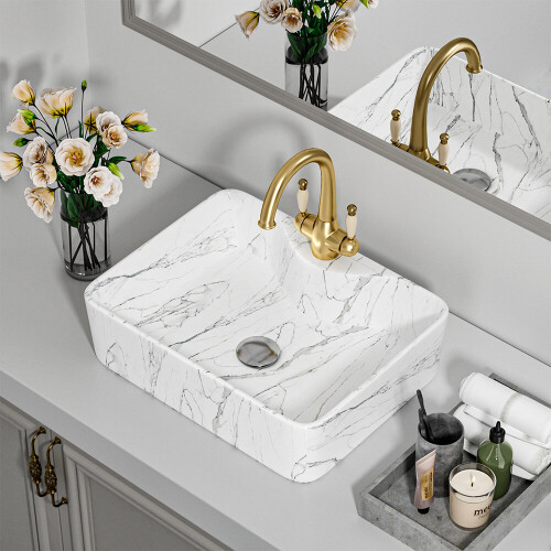 Rectangular White Ceramic Marble Effect Texture Countertop Basin ...