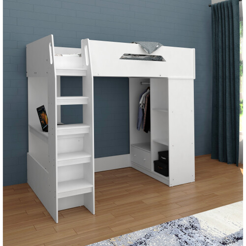 Kidsaw, Single, High Sleeper Bed with Desk Storage Hanging Area, White ...