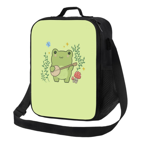 Kids Lunch Bag Cute Kawaii Frog Playing Banjo Toad Plant Fungi Blue ...