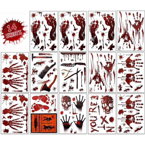 14 Sheets Halloween Bloody Window Stickers Bloody Handprint Footprint ...
