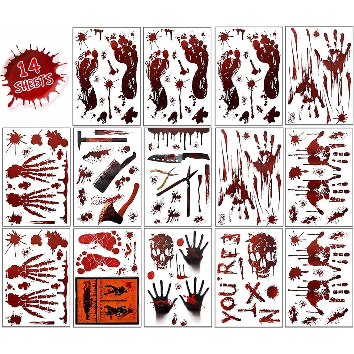 14 Sheets Halloween Bloody Window Stickers Bloody Handprint Footprint ...