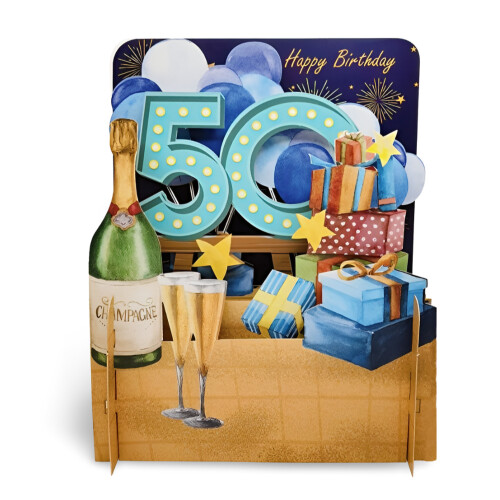 Happy 50th Birthday Champagne & Presents 3D Pop Up Greeting Card By ...