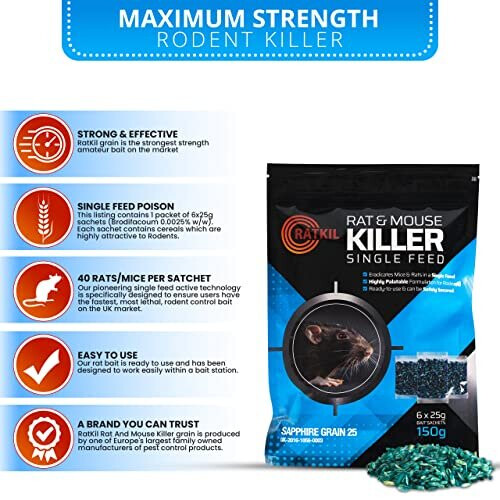 Ratkil Rat Poison (6 x25g) Rat Bait & Mouse Poison Grain - Strongest ...