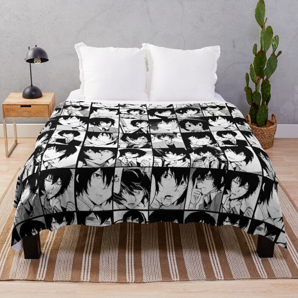 Fleece Throw Blanket Dazai osamu collage- manga black and white version ...