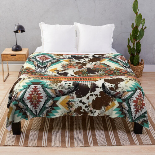 Fleece Throw Blanket Aztec Cow Print Bull Skull for Sofa Couch Kids 60 ...