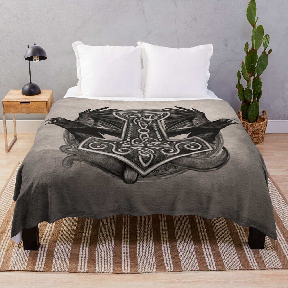 Fleece Throw Blanket Mjolnir The hammer of Thor and ravens for Sofa ...