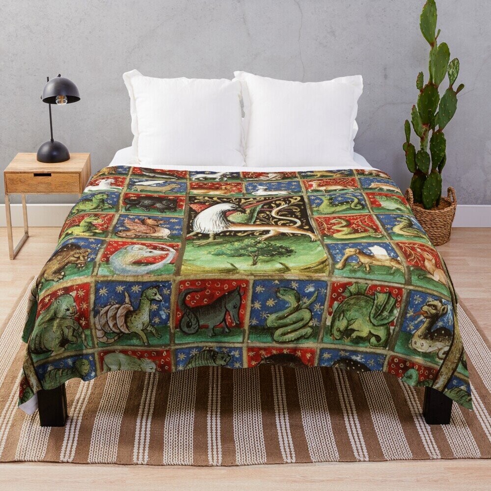 Fleece Throw Blanket MEDIEVAL BESTIARY Fantastic Animals in Red Blue ...