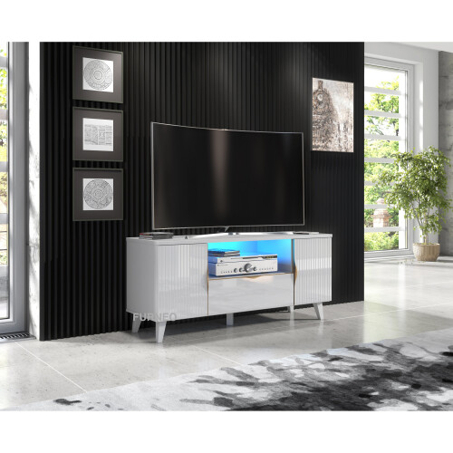 White TV Stand 120cm Unit Cabinet Matt & High Gloss Azzurro08 Brushed ...