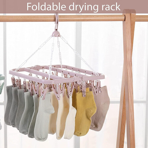 Clothes Drying Hanger and Drip Foldable Hanging Sock Rack32Clips ...