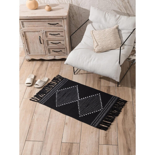 Boho Kitchen Rug, Washable, Black, with Woven Pompoms, Cotton, Soft ...