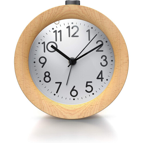 Wooden analog alarm clock battery powered non-tick with snooze button ...