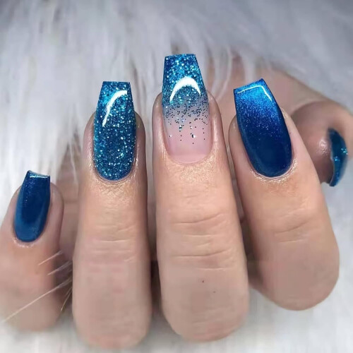 Blue Gradient Fake Nails, Glitter Artificial False Nails with Double ...