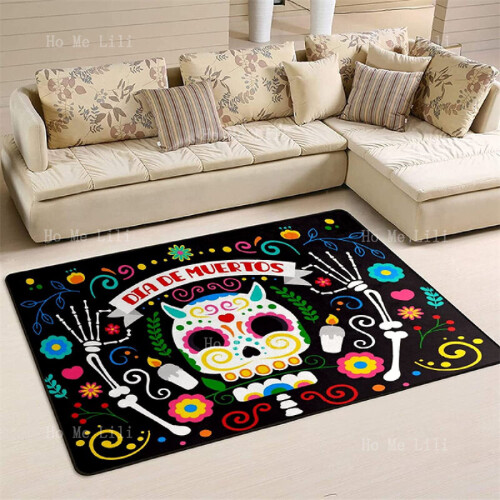 Colorful Mexican Cat Sugar Skull Candy Of The Dead Carpet Flannel Floor ...