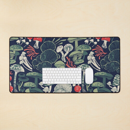 Desk Mat Mystical fungi midnight blue sage and forest green red and ...