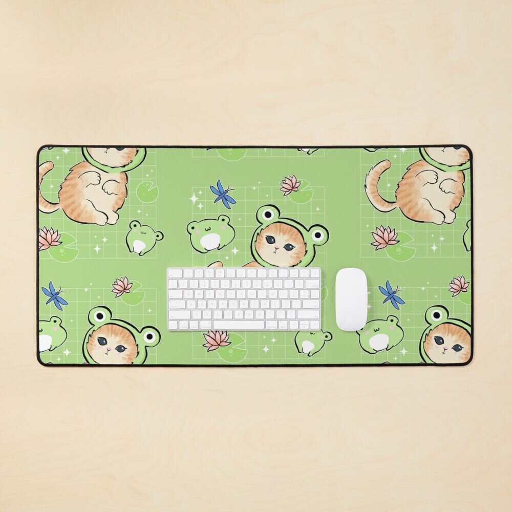 Desk Mat Kawaii Toads and Cat with Frog Hat Japanese Retro 90s ...